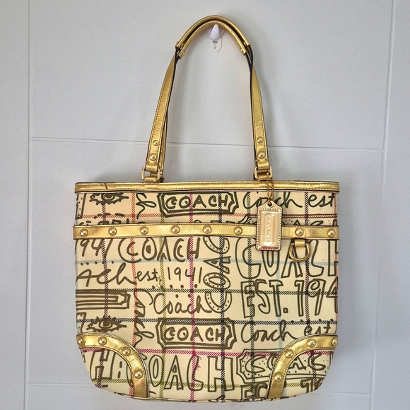 Coach | Bags | Coach Heritage Tattersall Graffiti Gold Tote Bag Purse ...